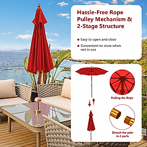 Tangkula 9.5 FT Red Wooden Pulley Umbrella with 8 Fiberglass Ribs, Rope Pulley Mechanism, and Vented Canopy for Patio, Deck, Poolside, Garden, Lawn, Terrace