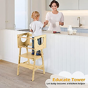 Montessori Educating Tower, Toddler High Chair & Step Stool with 3 Adjustable Height, Standing Kitchen Helper Bathroom Wood Safety Grow Seat, Multi-Function 3 in 1 for 1-12 Years