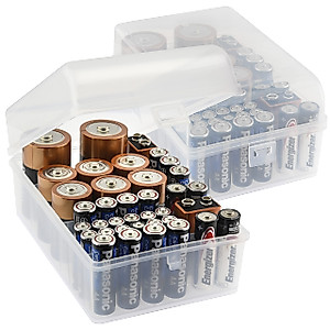 GlossyEnd Set of 2, 37 Slot Multi Battery Storage Box, Battery Storage Case, Battery Holder, Stores: 15 AA Batteries, 12 AAA Batteries, 6 C Batteries, 2 D Batteries and 2 9V Batteries, Clear