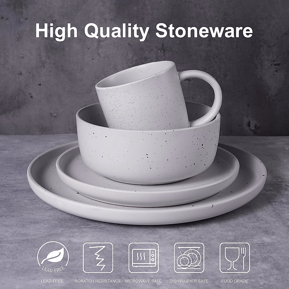 MTLWTL Dinnerware Sets, Dish Set for 4, 16 pieces Ceramic Plates and Bowls Set with Mugs, Microwave, Oven & Dishwasher Safe, White Speckled