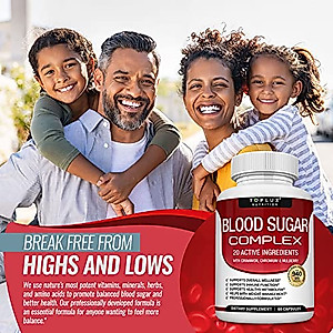 Blood Sugar Complex Supplement – Natural 20 Herbs and Vitamins with Cinnamon, Alpha Lipoic Acid to Support Health, Non-GMO, for Men Women, 60 Capsules