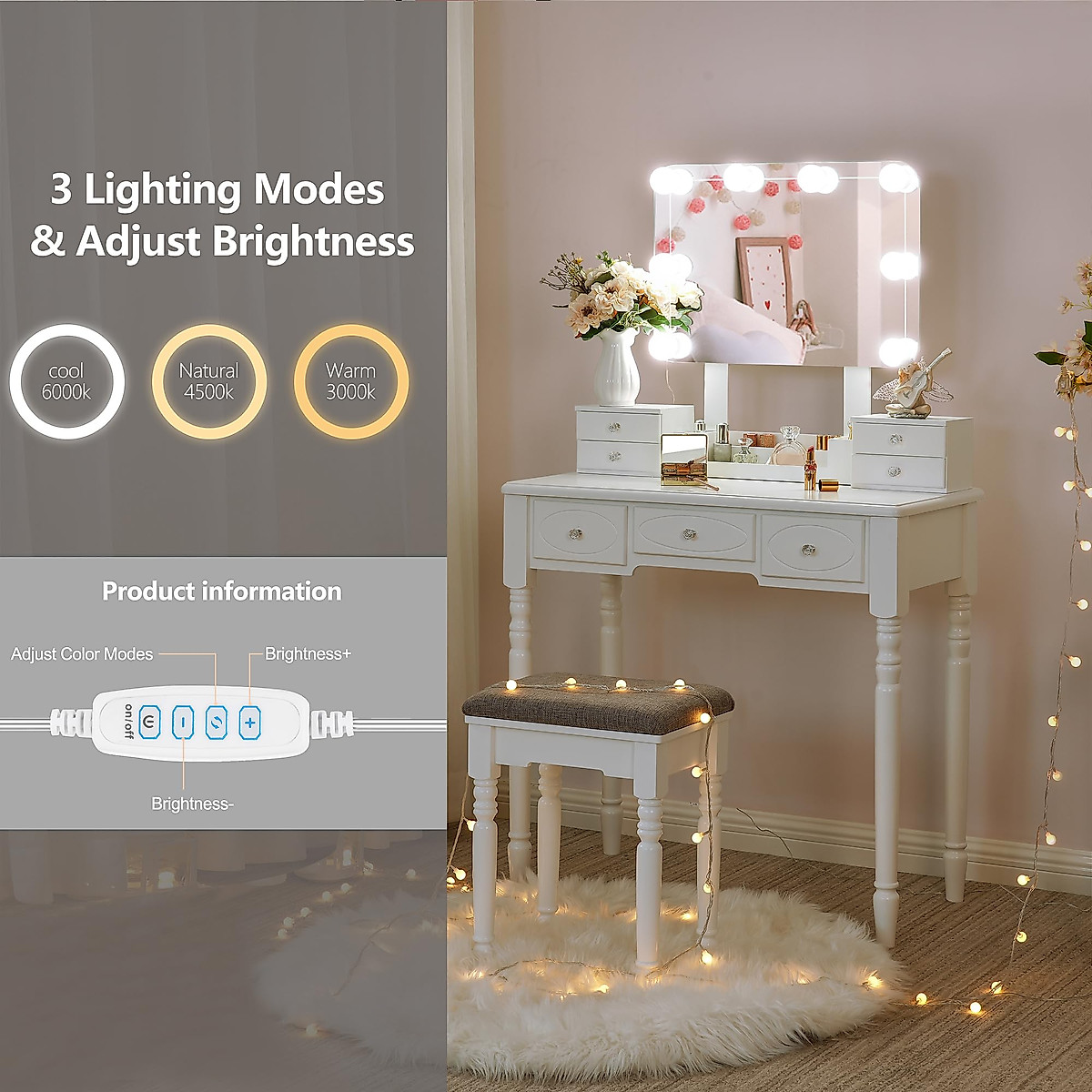 ANWBROAD Makeup Vanity Desk Vanity Set with Lighted Mirror Makeup Vanity Desk Table Set Large 8 LED Bulbs Frameless Mirror 3 Colors Modes Dimming 7 Drawers Cushioned Stool 3 Dividers White UBDT03W