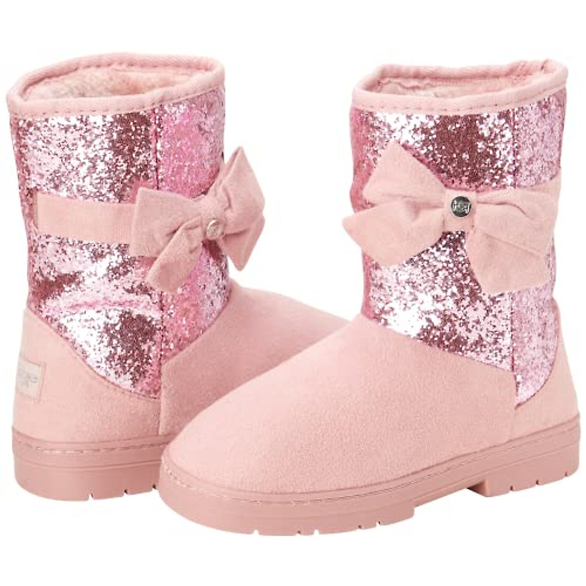 bebe Girls Winter Micro Suede Boots with Rhinestone Embellished Logo & Bow, Blush Glitter, Size 2 Little Kid