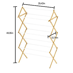 Disracker Folding Clothes Drying Rack Collapsible Bamboo Hanging Clothes Rack Portable Laundry Racks for Drying Clothes with Metal Rod 35 Inch