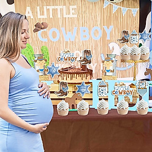 JOYMEMO 24 Pcs Little Cowboy Baby Shower Cupcake Toppers - Blue Brown Western Cowboy Baby Shower Decorations, Double Sided Wild West Baby Shower Cake Decor for Pregnancy Celebration Newborn Party