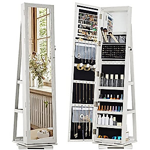 SERWALL 360 Rotating Jewelry Stand Organizer - Freestanding Dressing Mirror Jewelry Cabinet Storage - WHITE