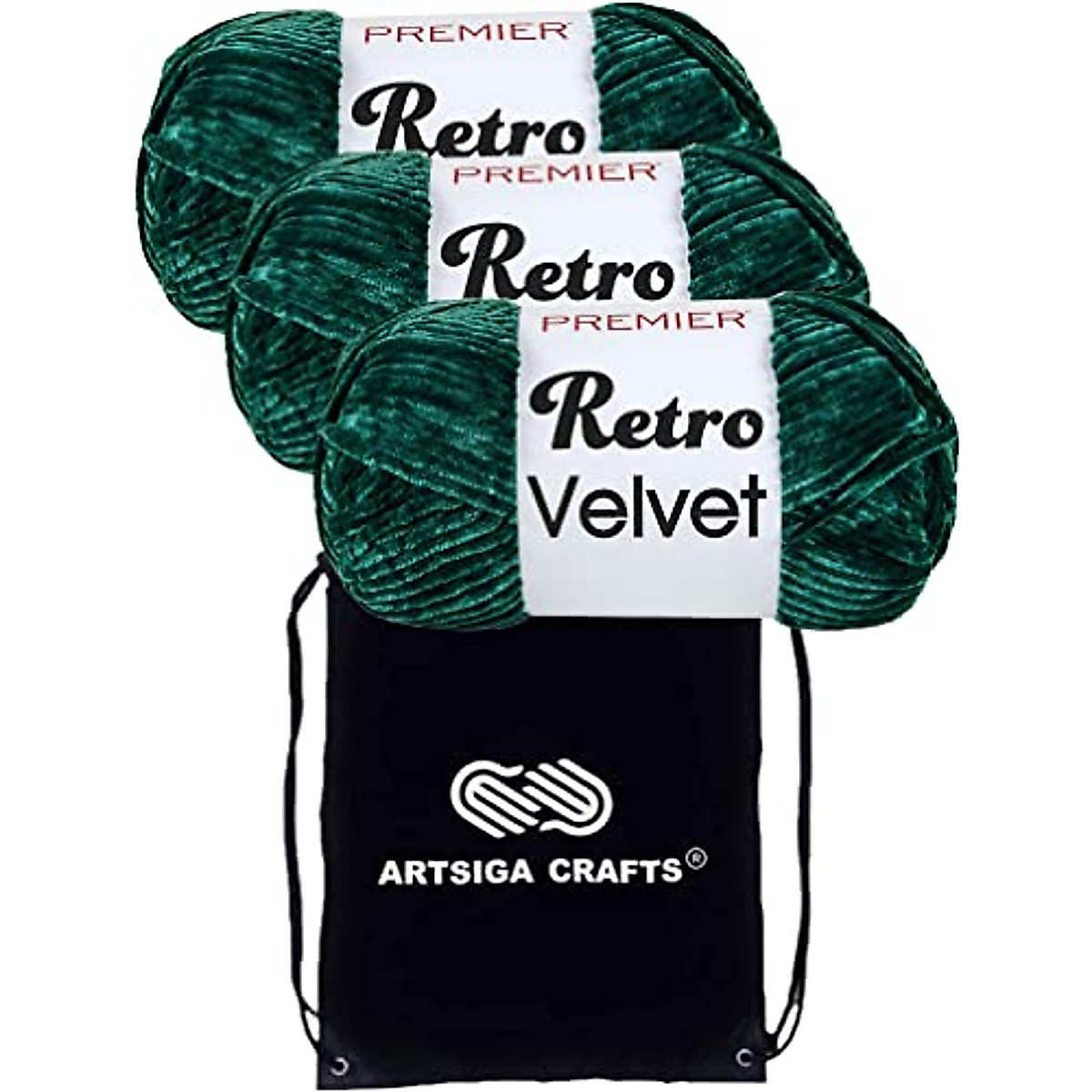 Premier Yarns Retro Velvet Emerald 1088-12 (3-Skein) Same Dyelot Chunky Bulky #5 Soft Knitting Yarn 100% Polyester Bundle with 1 Artsiga Craft Bag