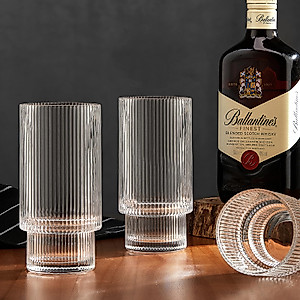 Qipecedm 6 Pack Ribbed Drinking Glasses, 16 oz Vintage Glass Cups, Highball Glasses, Premium Iced Coffee Glasses, Clear Glass Tumbler, Cocktail Glasses, Elegant Glassware for Water Juice Whiskey Beer