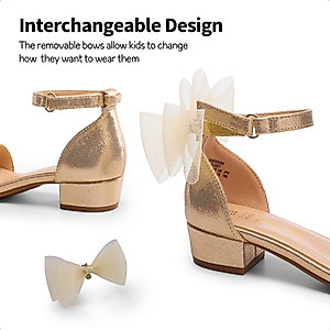 DREAM PAIRS Girls Sandals Low Heel Dress Pump Ankle Strap Interchangeable Bow Flower Wedding Party Shoes SDSD2320K GOLD Size 2 Little Kid