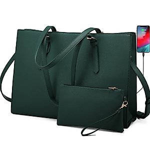 LOVEVOOK Laptop Bag for Women, Fashion Computer Tote Bag Large Capacity Handbag, Leather Shoulder Bag Purse Set, Professional Business Work Briefcase for Office Lady, 2PCs, 15.6-Inch, Deepgreen
