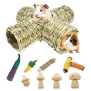 Vehomy Guinea Pig Grass Tunnel Toy Hamster Natural Hideaway Tunnel Tubes and 9Pcs Small Pet Chewing Toys Small Animal Grass House with 5 Entrances for Guinea Pig Syrian Hamster Chinchillas Gerbils