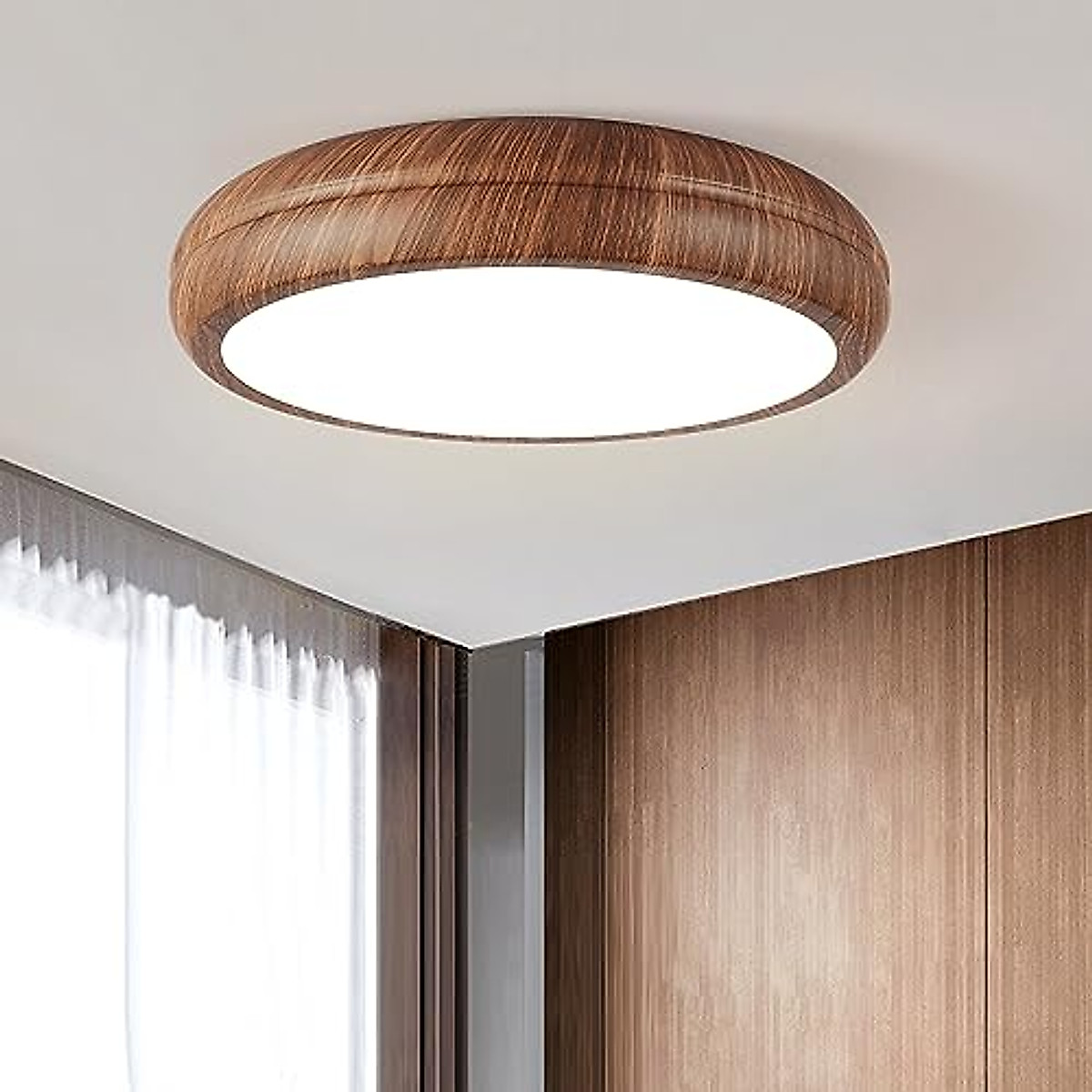 POLITAMP Modern Flush Mount Ceiling Light Fixture 12 Inch LED Light Fixtures, 18W Minimalist Round Shaped Wood Grain Ceiling Lamp 4000K, Not Dimmable