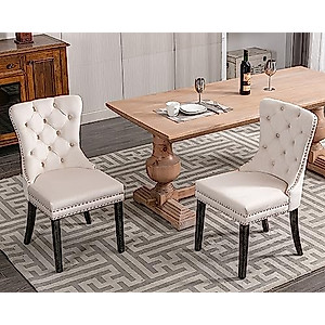 KCC Velvet Dining Chairs Set of 4 (Renewed), Upholstered High-end Tufted Dining Room Chair with Nailhead Back Ring Pull Trim Solid Wood Legs, Nikki Collection Modern Style for Kitchen, Beige