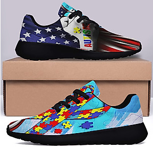 Autism Awareness American Flag Shoes for Men Women Running Sneakers Breathable Casual Sport Tennis Shoes Gift for Him Her Black Size 11.5