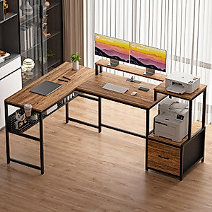 GreenForest King Size Bed Frame Easy Quick Assembly Metal Platform Bed Base and 69 inch L Shaped Desk with Drawers and Power Outlet and USB Ports