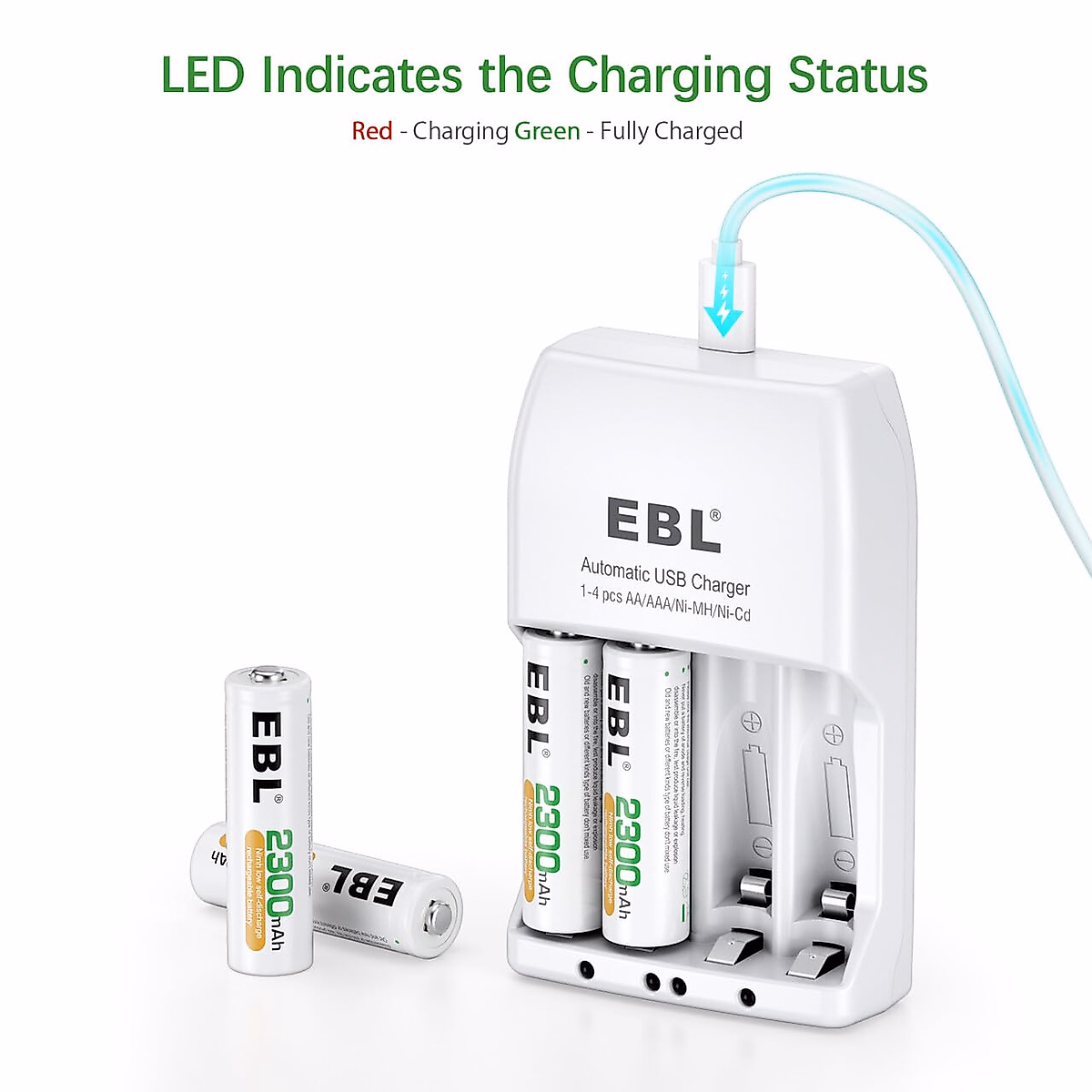 EBL AA Rechargeable Batteries 4 Pack, 2300mAh Ni-MH with Individual Cell Battery Charger - Rechargeable AA Batteries and 916 Charger Combo for Ni-MH/Ni-CD AA AAA Rechargeable Batteries