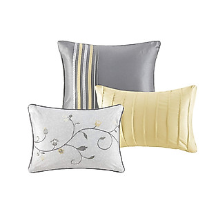 Madison Park Serene Faux Silk Comforter Set - Floral Embroidery Design, All Season Bedding Set, Matching Bed Skirt, Decorative Pillows, Yellow Queen(90"x90") 7 Piece