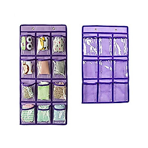 NIMES Hanging Closet Underwear Sock Jewelry Storage Over The Door Classroom Cell Phone Calculator Organizer Clear Pockets (PURPLE-12 & 9 Pockets Pack)