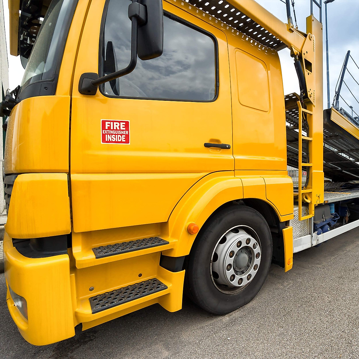 Fire Extinguisher Inside Sticker Sign - Safety Signs - 5 Pack - 4" X 5" - Durable Self Adhesive, Weatherproof & UV Protected - Red/White in Color - Ideal Decals for Trucks, Cabinets or Equipment