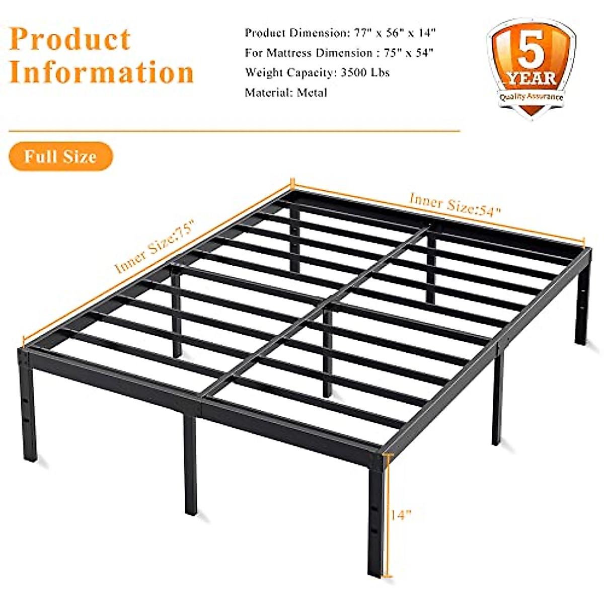 HISKIWUU Full Size Bed Frame Heavy Duty 3500 Lbs 14 Inches,Full Bed Frame Easy to Assemble Anti-Slip Noise Free,Bed Frame Full Size No Box Spring Needed,Under Bed Storage,Black