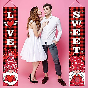 Gnome Valentine's Day Porch Sign Heart Banner Sweet Love XOXO Cutouts Door Sign Porch Sign Outdoor Indoor Be Mine Valentines Day Party Hanging Decor (RED)