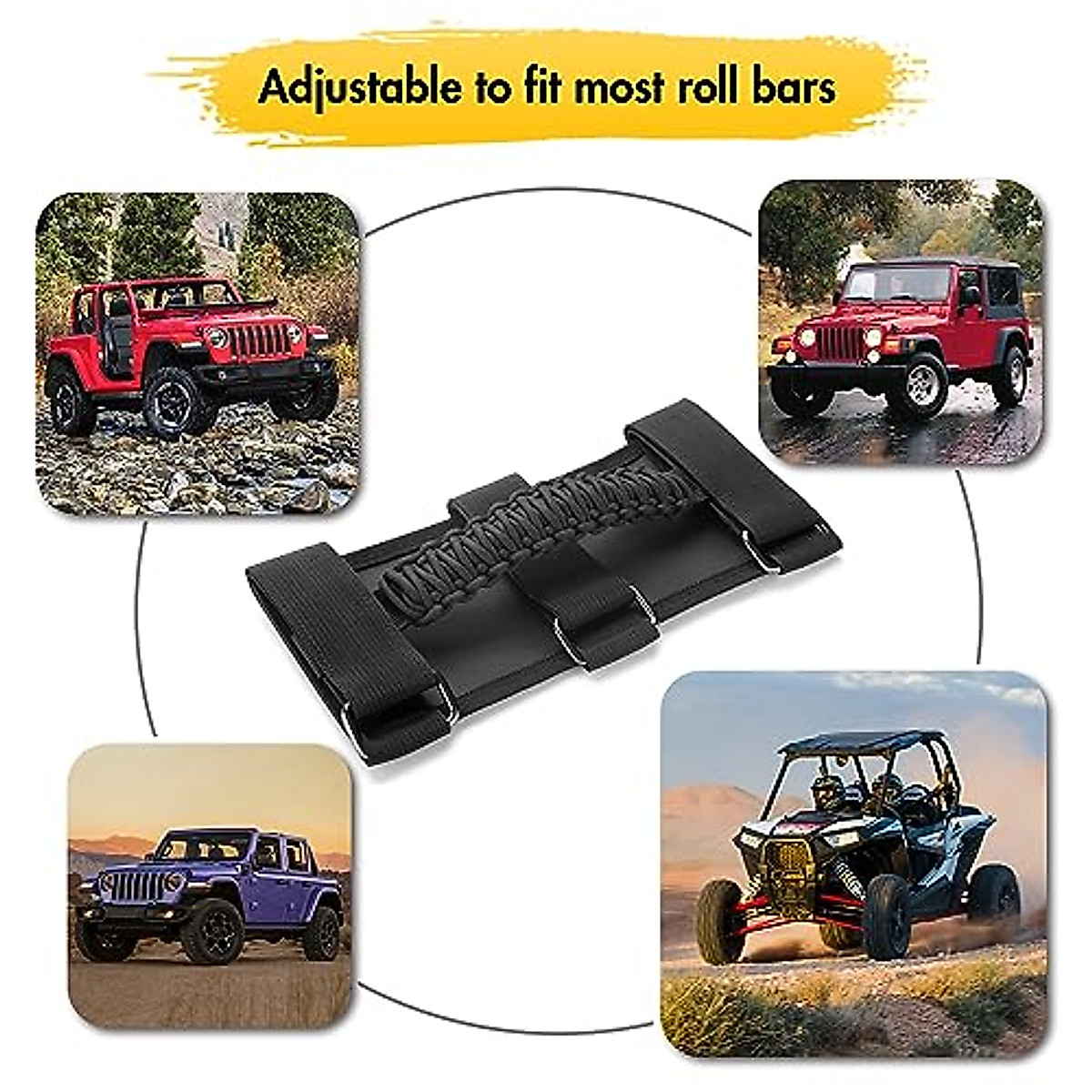 penobon Grab Handles for Wrangler JL JK TJ YJ CJ 1955-2023 Paracord Roll Bar Grab Handles with Metal Buckles, Black, Pack of 2