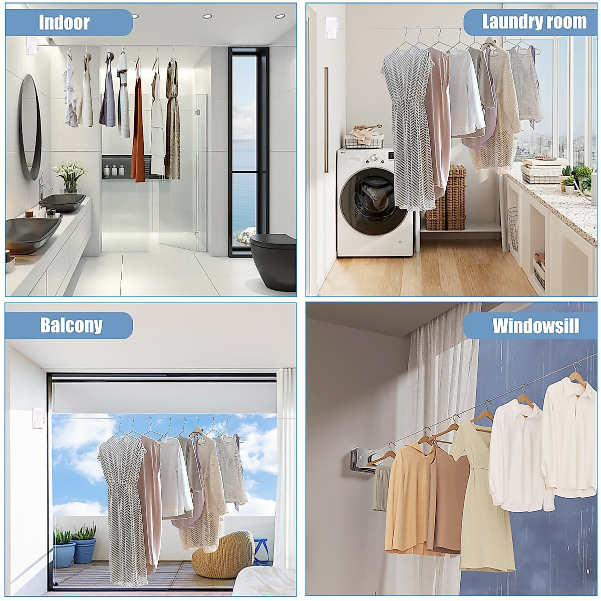 Retractable Clothesline Indoor, Heavy Duty Non-Sagging Clothes Drying Laundry Line - 16.7 Ft Outdoor Stainless Steel Retractable Clothes line, Wall-Mounted, Can be Installed on Balcony, Laundry Room
