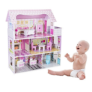 Wooden Dollhouse with Furniture for Kids Girls, Toys for 3 4 5 6 Years Old (Style 3)