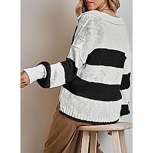 Dokotoo Sweaters for Women Fall 2023 Casual Lightweight Long Sleeve Cable Knit Loose Stylish Winter Sweater V Neck Color Block Turn-Down Collar Striped Pullover Jumper Tops Black Medium