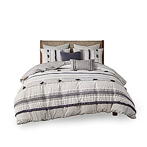 INK+IVY Cody Cotton Duvet Set - Geometric Modern Design with Fringe Tassel Trim and Pom Accent, All Season, Breathable Cover for Comforter Bedding, Shams, King/Cal King(104"x92") Gray/Navy 3 Piece