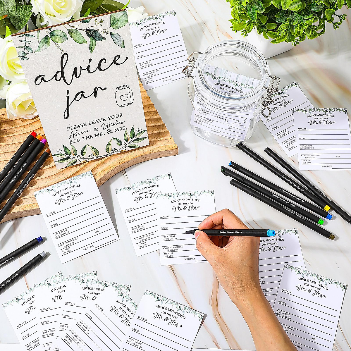 Sintuff 114 Pieces Greenery Bridal Shower Decoration Include Advice and Wishes for the Mr and Mrs Wedding Advice Sign with Holder 100 Advice and Wishes Cards 12 Pens PET Wedding Wish Jar for Guest