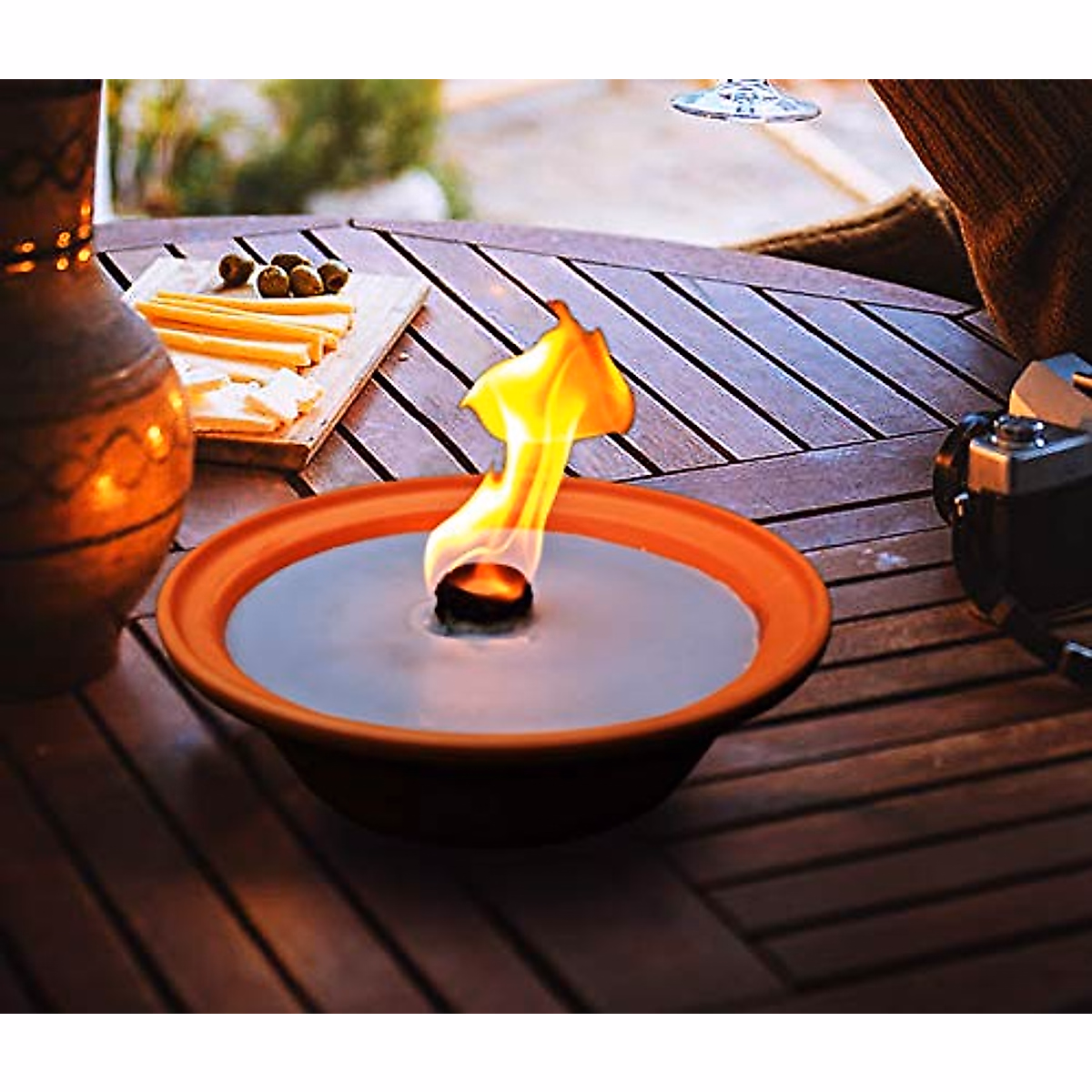Hyoola 5 Hour Outdoor Firebowl Candle - Unscented Large Flame Wick in Terra Cotta Bowl - Insect and Mosquito Repellent Effect - for Table, Patio, Yard, Camping, Outdoors - Blue.