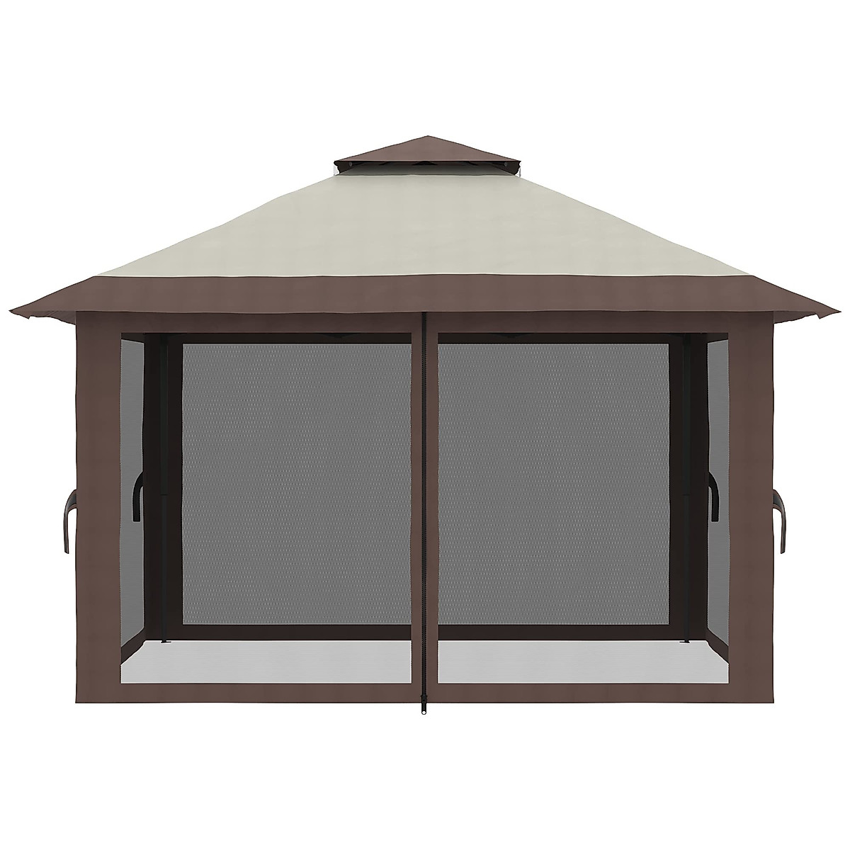 Outsunny 13' x 13' Pop Up Gazebo with Netting, Instant Canopy Tent Shelter with 2-Tier Roof, Wheeled Carry Bag, Water/Sand Bags for Outdoor, Garden, Parties, Beige