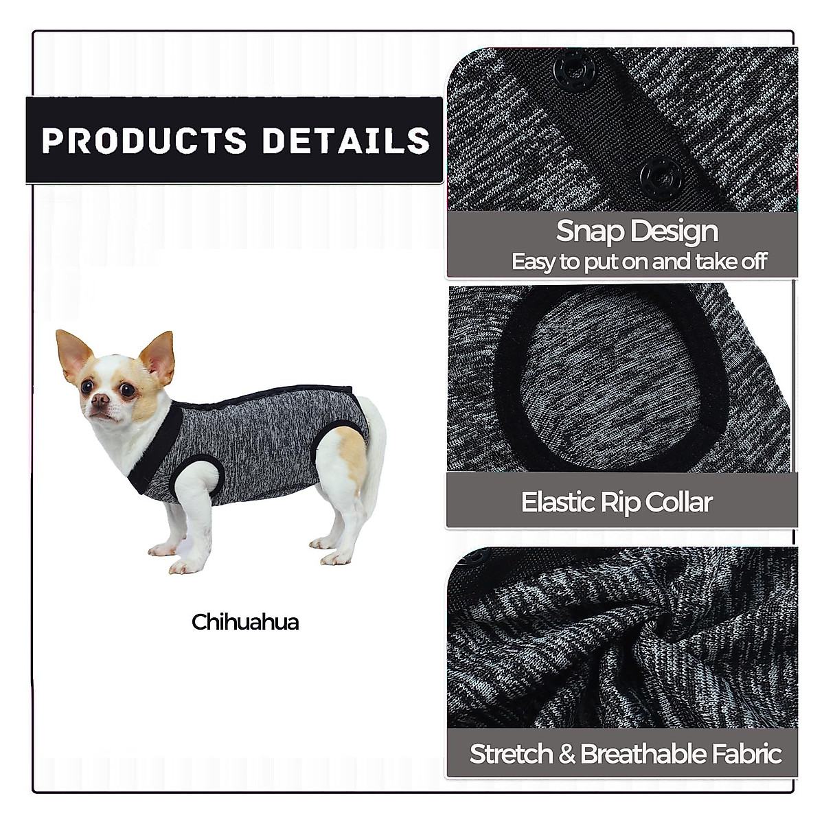 AOKAZI Surgical Recovery Suit, Dog Body Suits After Surgery, Professional Recovery Suit for Dog Cat, Comfortable E Collar Alternative, Prevent Licking Dog Onesie (Black Gray, Large)