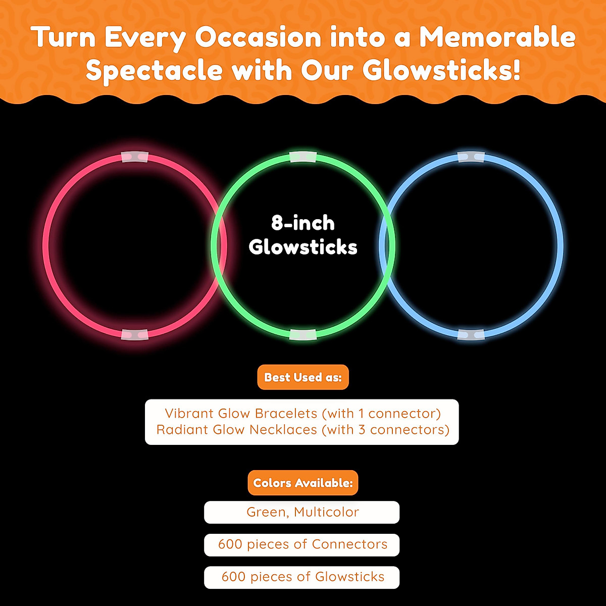 Glow Fever 209pcs Glow Sticks Bulk Party Pack includes 100 8" Glow Sticks and 109 Accessories, with bonus connectors for glow sphere and eye glasses, for Party Festivals Rave Halloween