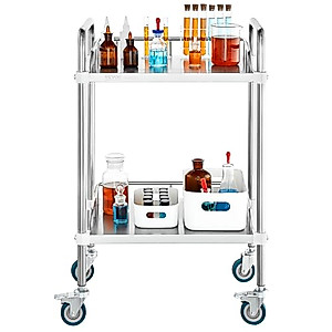 VEVOR Lab Rolling Cart, 2-Shelf Stainless Steel Rolling Cart, Lab Serving Cart with Swivel Casters, Dental Utility Cart for Clinic, Lab, Hospital, Salon, 15.16"x21.57"x34.06"