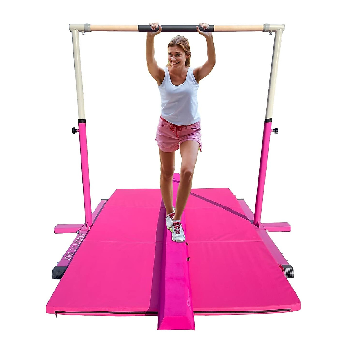 Athletic Bar Expandable Gymnastics Kip Bar 3 in 1 Set with Balance Beam, 6'x4' Mat for Kids, Horizontal Bar Junior Gymnastic Training Exercise for Gymnast Home Gym Height Adjustable 3 to 5 FT (Pink)