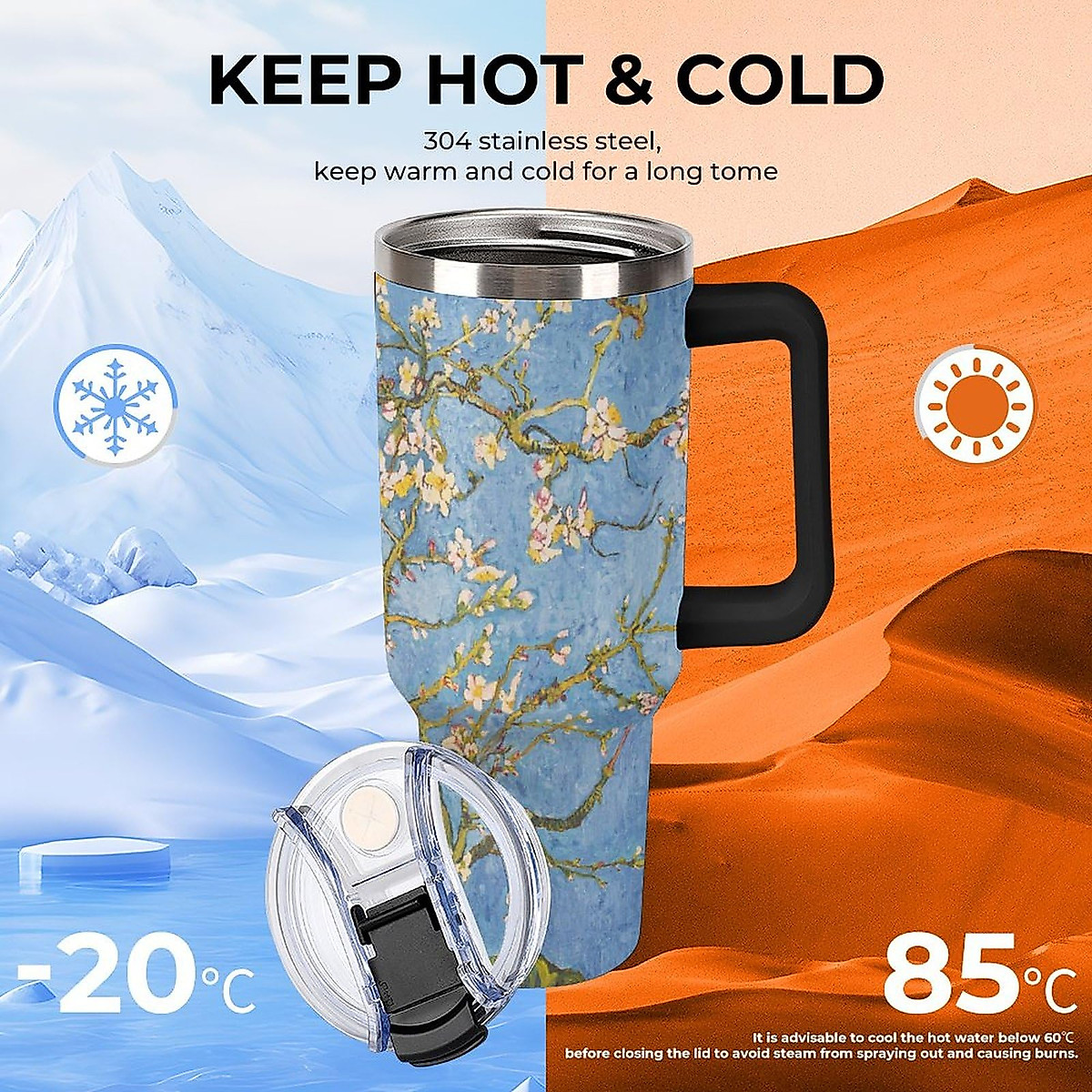 Niapessel Leak Proof Tumbler, Insulated Water Bottles with Straw, Blooming Almond Tree Van Gogh Insulated Cup with Handle 40 Oz Stainless Steel Flask for School, Travel, Car, Sports, Work