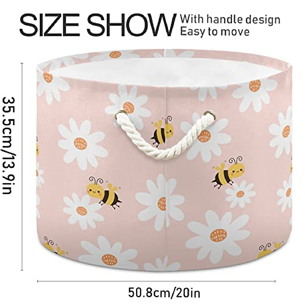 MNSRUU Storage Basket 20"x14" Daisy Flower and Bee Pink Round Storage Organizer Basket with Handles, Fabric Nursery Laundry Basket Large Capacity
