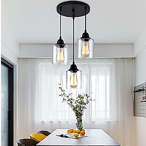 SINMILA 3-Lights Industrial Pendant Light with Glass Shade Matte Black Pendant Lighting Adjustable Industrial Retro Style Hanging Light Fixture for Kitchen, Farmhouse