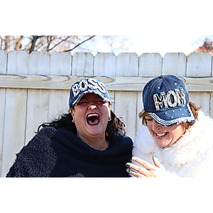 Popfizzy Bling Boss Hat for Women Rhinestone Hat, Bedazzled Baseball Caps, Distressed Hat, Fancy Bejeweled Hats, Sparkle Studded Denim Ball Caps (Boss)