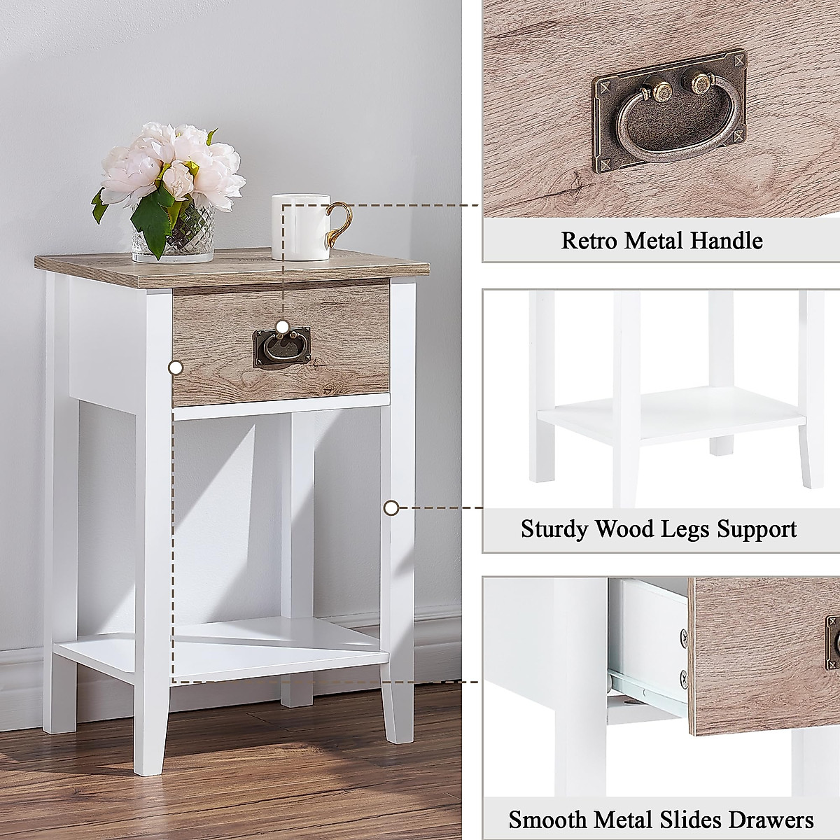 VECELO Nightstands Set of 2, Side End Table with Drawers for Bedroom, Living Room Sofa Bedside, Vintage Accent Furniture Small Space Storage Cabinet, Solid Wood Legs