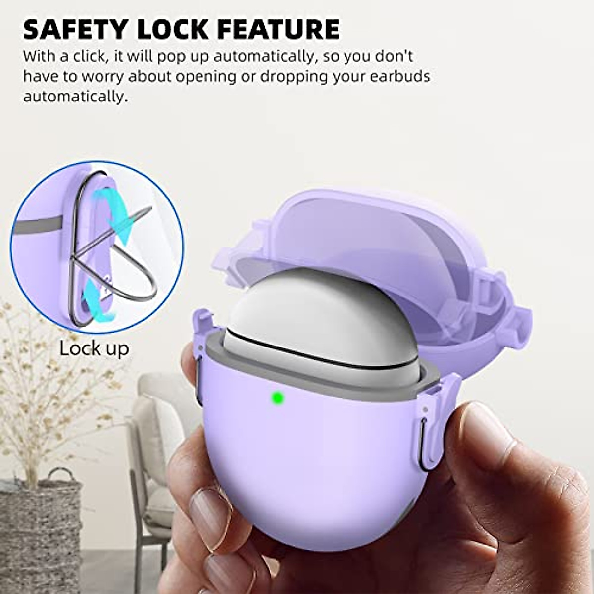 Google Pixel Buds Pro Case(2022), WOFRO Secure Lock Shock-Absorbing Protective Cover Skin for Pixel Buds Pro Accessories with Carabiner & Lanyard [One-Click Pop] (Purple)