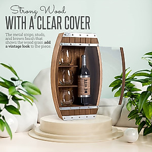 Wooden Wine Barrel Display - Pinewood Display Case with Sliding Cover Ideal for Wine Whiskey Scotch & More - 3 Built-In Shelves for Stemless Wine or Rocks Glasses, A Gift for Wedding or Any Occasion