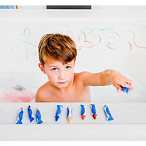 Kitpas English Label Bathtub Crayons 10 Colors with Sponge, For Kids Ages 3+, Bright Colors, Erasable with a Wet Sponge