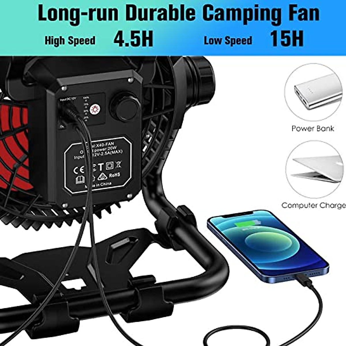 RUNTOP Rechargeable Fan Outdoor Floor Fan, Portable High Velocity Fan with Led Light, USB Type C Port, 3 Speeds, Cordless Industrial Fan with Metal Blade for Garage/Patios/Gym/Camping