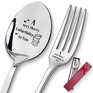 2 Pieces A very Merry Unbirthday to You - Engraved Stainless Spoon and Fork Set, Kitchen Restaurant Long Handle Dinner Spoop and Fork for Friends Sister Birthday Graduation Christmas Gifts