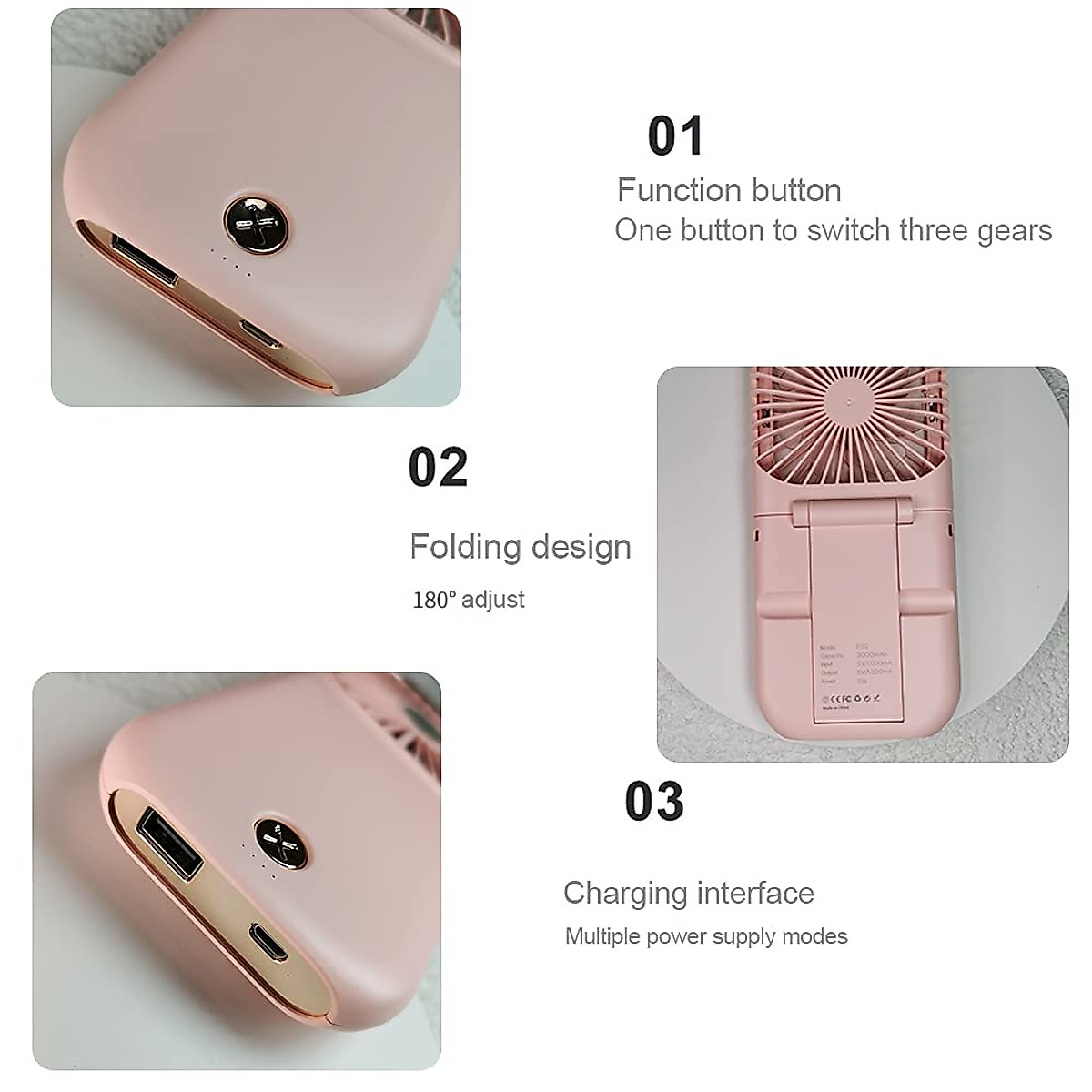 SHENSINGLE Handheld Fan Foldable Hanging Neck Fan 3 in 1 Small Fan with Phone Stand Power Bank Function 3 Speeds USB Charging Cooling Fan 3000mAh Battery Capacity for Home Office Travel (pink)
