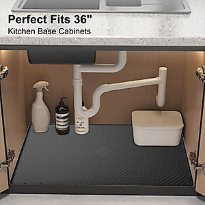 Under Sink Mat,PRETIRENO 34" x 22" Silicone Under Sink Liner for Kitchen & Bathroom Sink Base Cabinets,Under Sink Drip Tray with Lip, Black