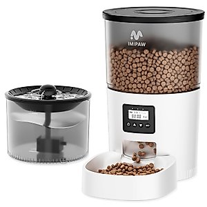 IMIPAW Automatic Cat Feeder and Water Fountain, Timed Pet Dry Food Dispenser, Programmable Portion Control, 1-6 Meals Per Day, Cat Fountains for Drinking with Filter, Small Pets (3L Combo)